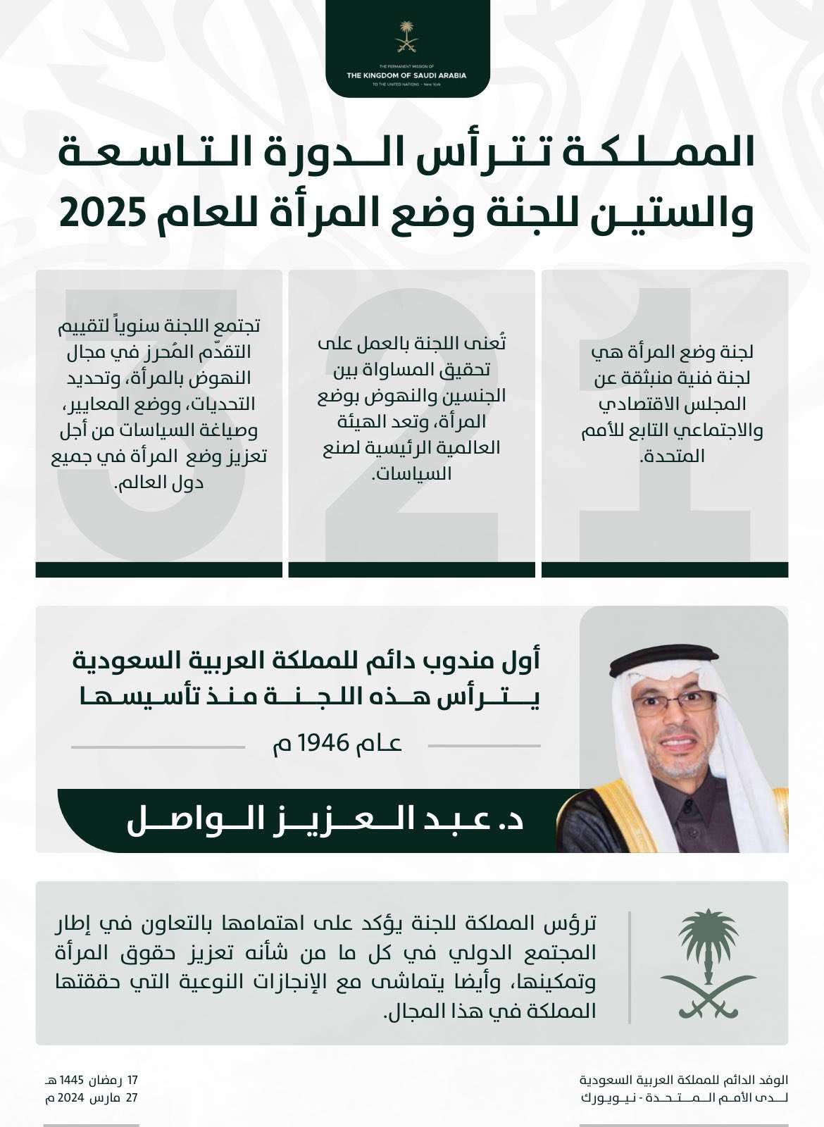 بإجماع أعضائها الامم المتحدة تختار المملكة لترؤس الدورة الـ 69 للجنة
